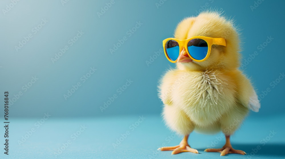 Cool cute little easter chick baby with sunglasses on blue background ...