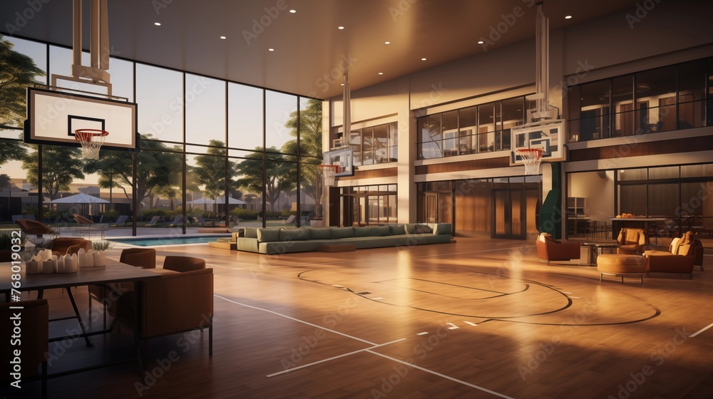 Resort-style indoor basketball court with professional court, seating ...