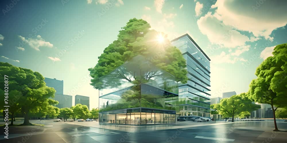 Sustainble green building in modern city. Corporate building reduce CO2 ...