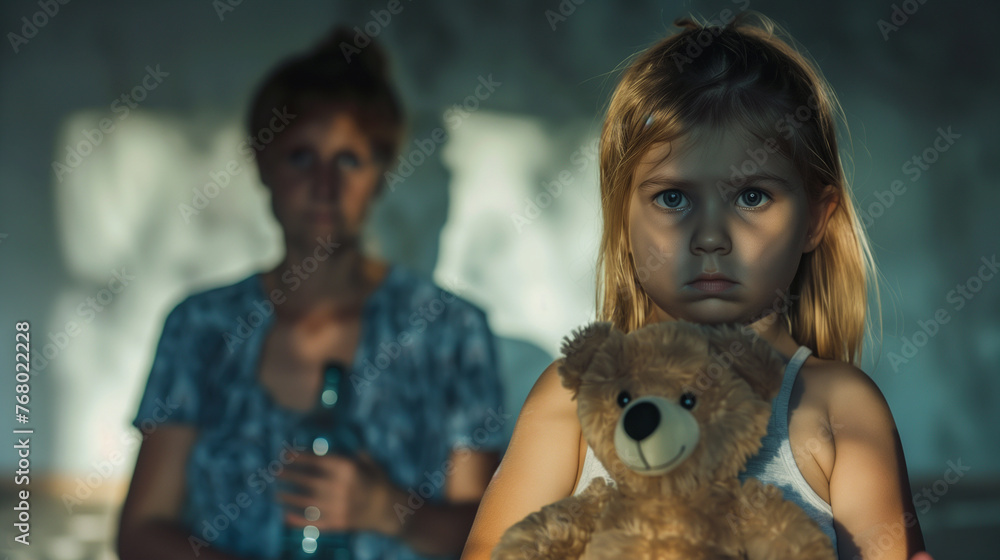 Young and neglected girl clutching a teddy bear appears concerned while ...