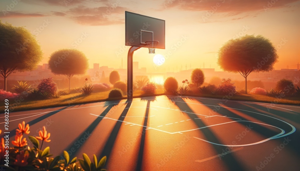 Basketball court outside, simple style, sunset glow, spring's greenery ...