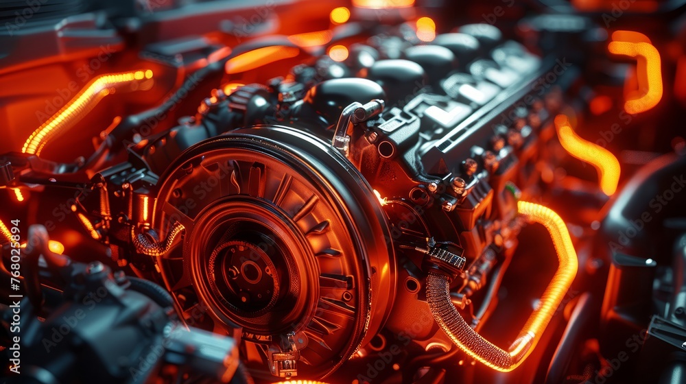 Dynamic angled view of a vehicle's illuminated engine and chassis Stock ...