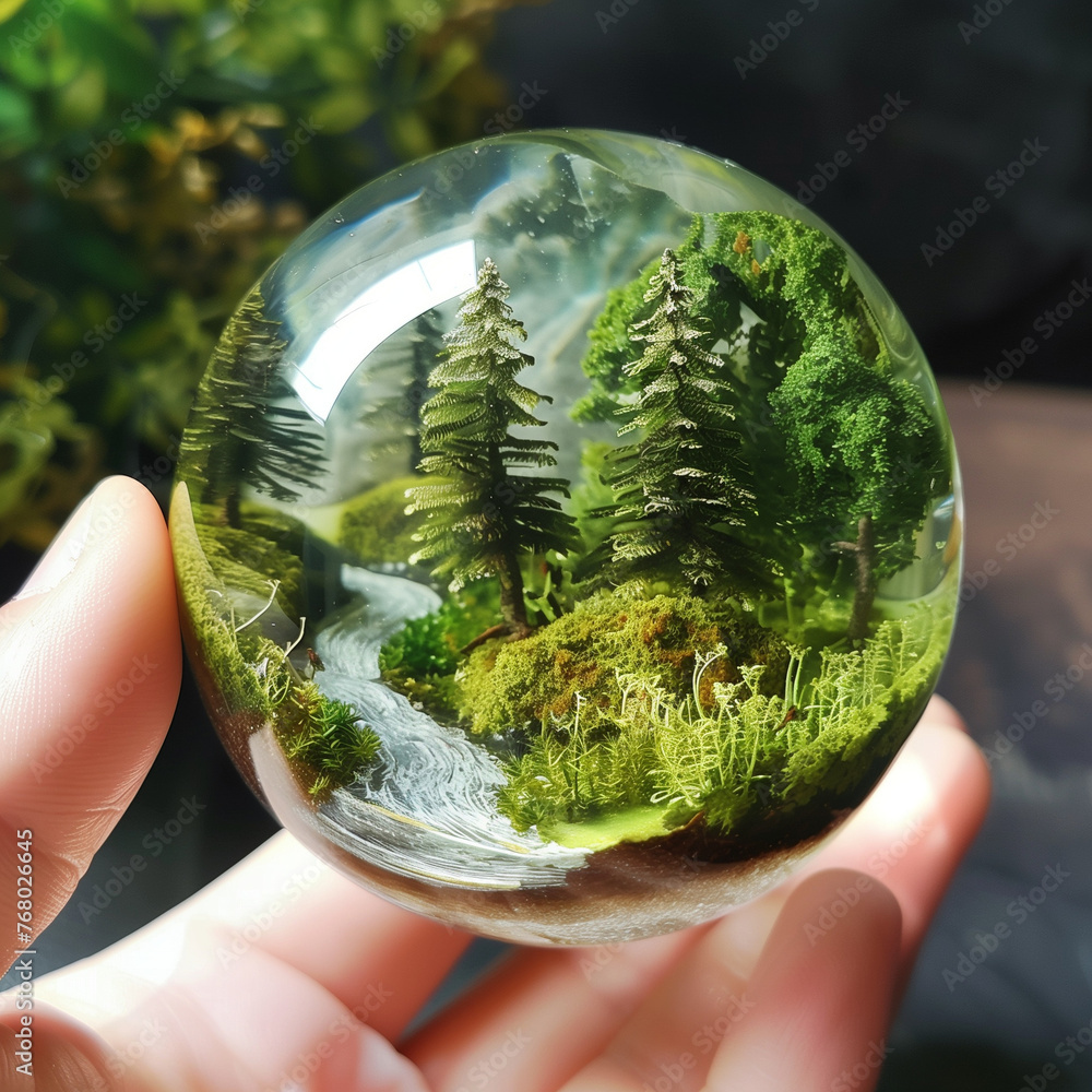 Mini naturalistic world with a lush, moss-covered forest with evergreen ...