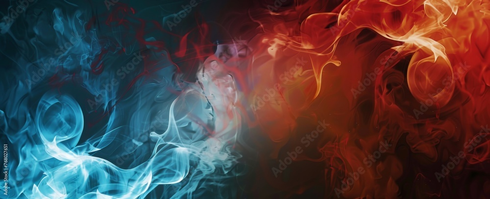 Abstract smoke patterns merge in a stunning fusion of blue and red ...