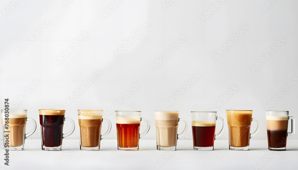 Different types of coffee in transparent glasses, many types of coffee ...