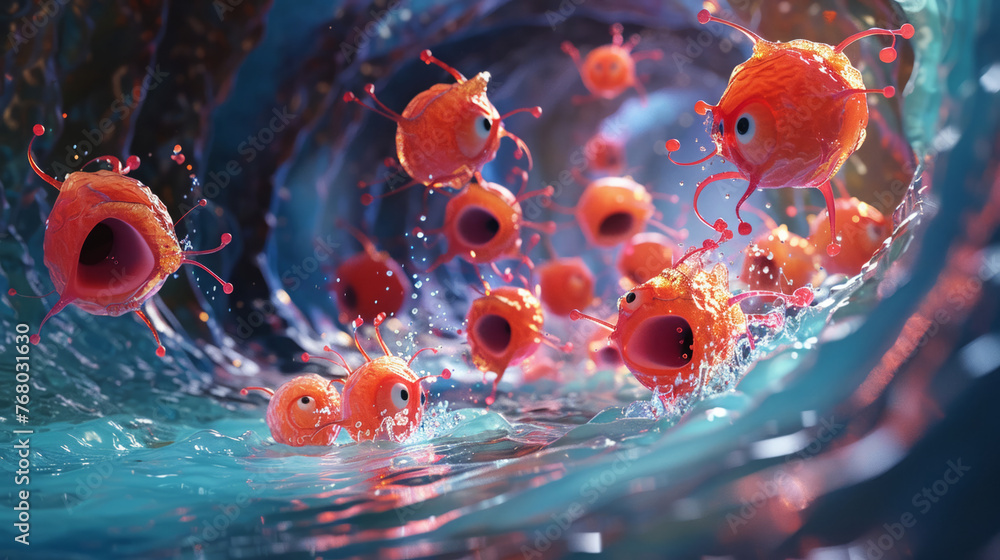 A red blood cell cheerful inside the heart chamber, medical ...