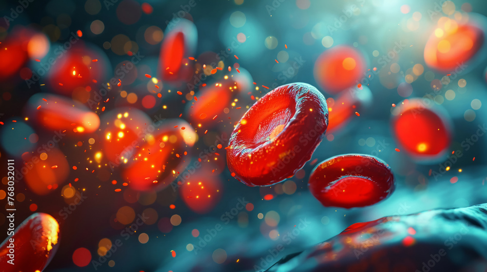 Red cells in a nutrient spa, being rejuvenated by vitamins and minerals ...