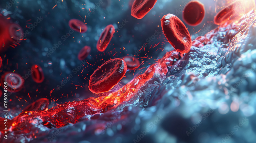 A red blood cell are repairing tears in a blood vessel wall, medical ...