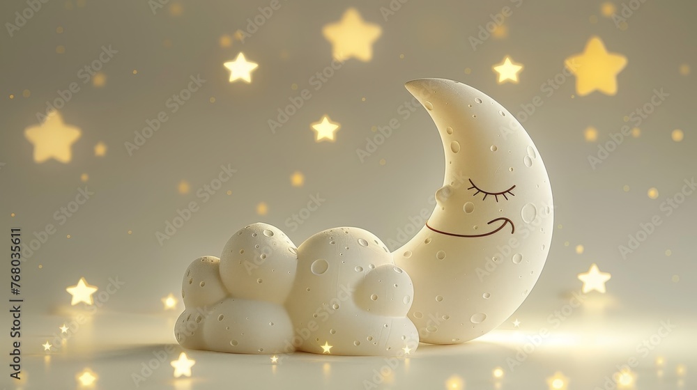 A serene digital art depiction of a smiling crescent moon asleep on ...