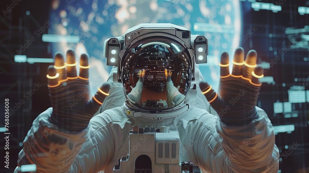 An astronaut in a spacesuit is engaging with a holographic interface ...