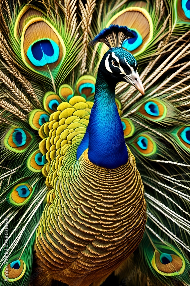 Peacock bird animal displaying its vibrant plumage, with intricate ...
