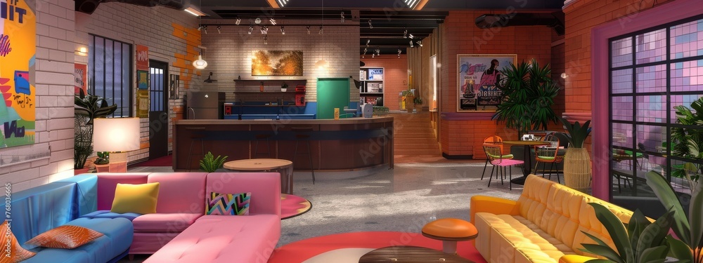 Reimagined 90s sitcom sets as modern coworking spaces, maintaining the ...