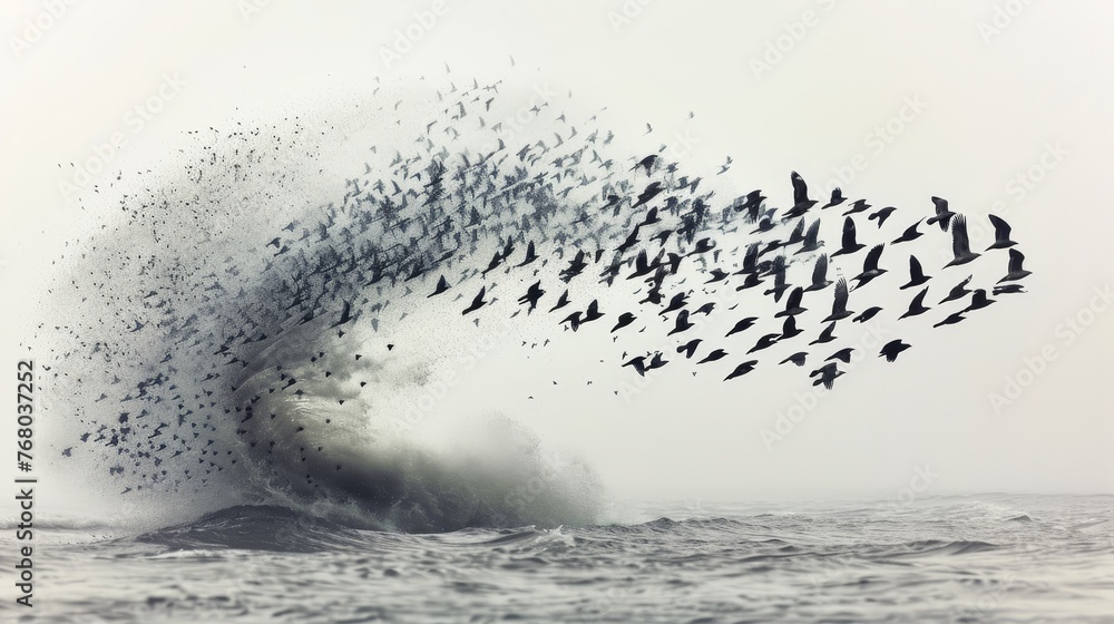 A dramatic burst of birds takes flight from a churning ocean wave ...