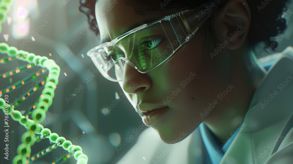 a scientist in a lab coat examining a double helix DNA model, with ...