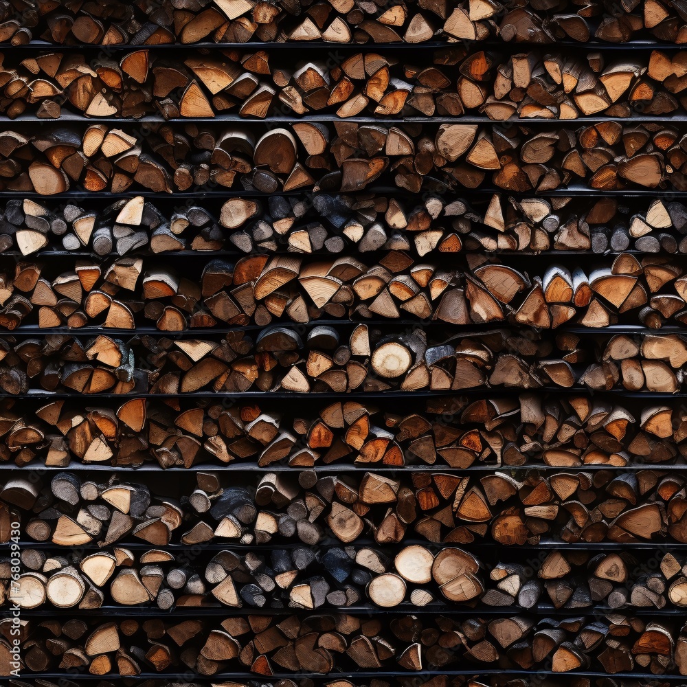Rows of neatly stacked firewood in a woodshed 01 - Perfectly repeating ...