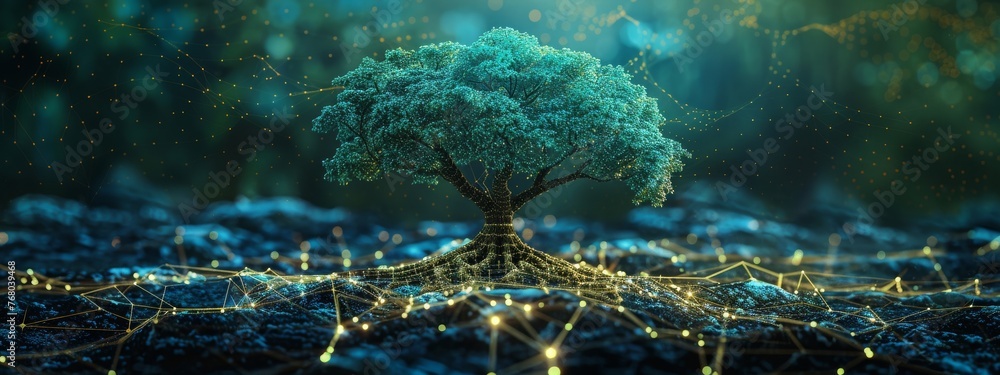 Visual metaphor of a digital tree with roots shaped like a network ...
