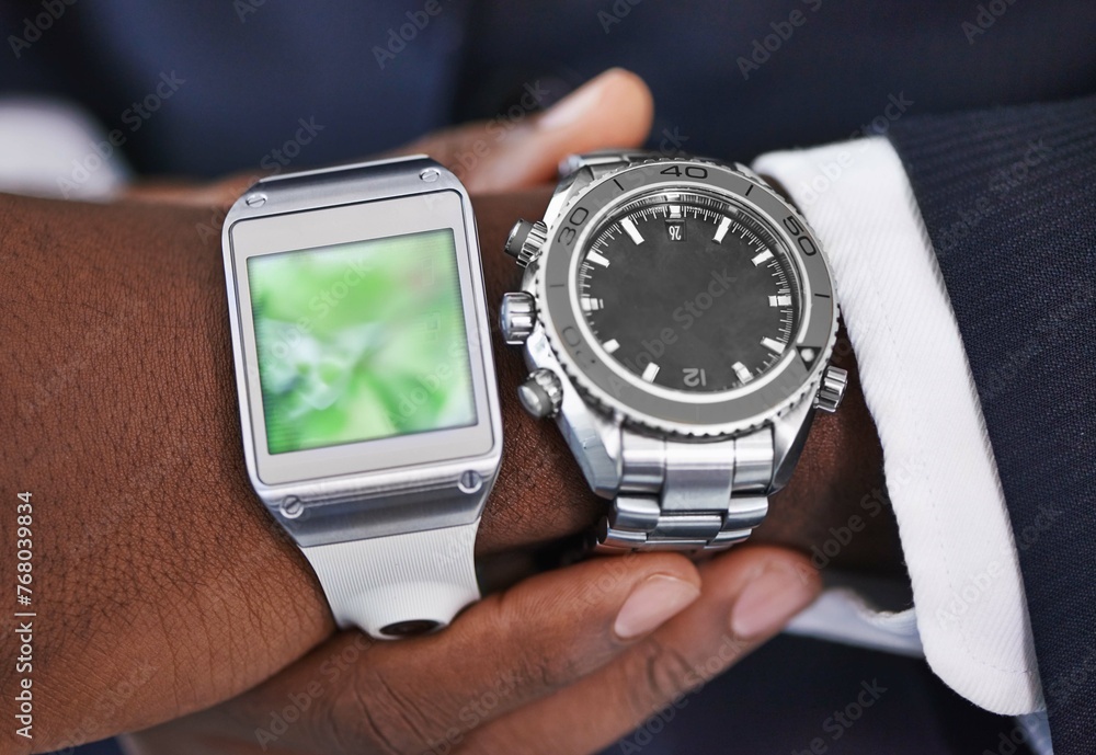 Business, person and smart watch or screen icon for futuristic schedule ...