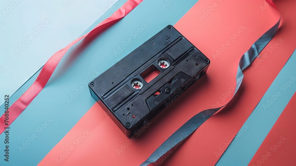 Cassette with its tape creating shapes on a bold dual-tone surface ...