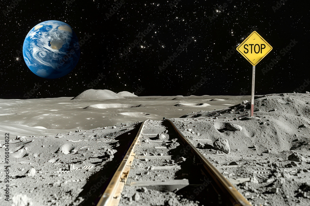 A surreal scene with a stop sign on the moon's surface, railroad tracks ...