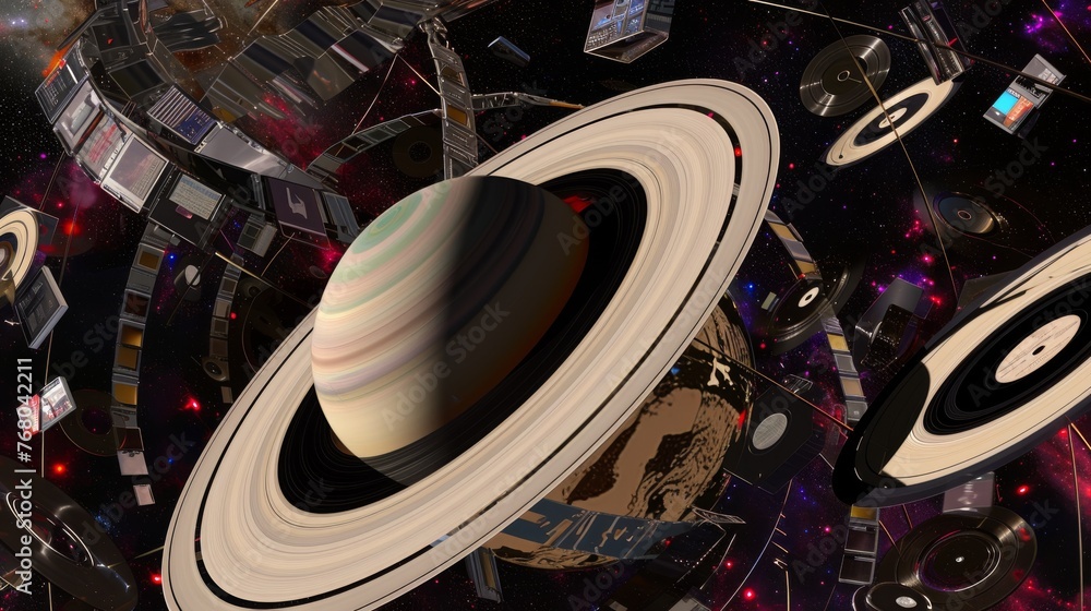 A surreal scene with Saturn floating among vinyl records and space ...