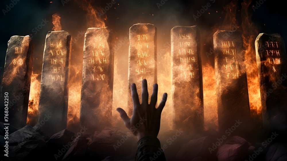 Mysterious hand reaching for ancient runes - An ominous hand reaches ...