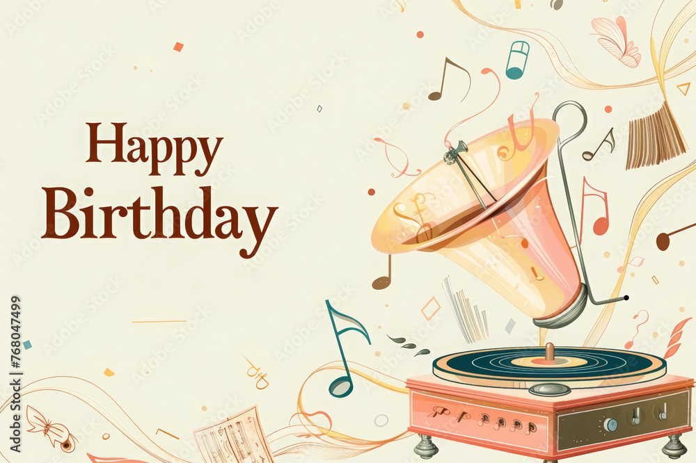 Musical birthday greeting with vintage gramophone and notes Stock ...