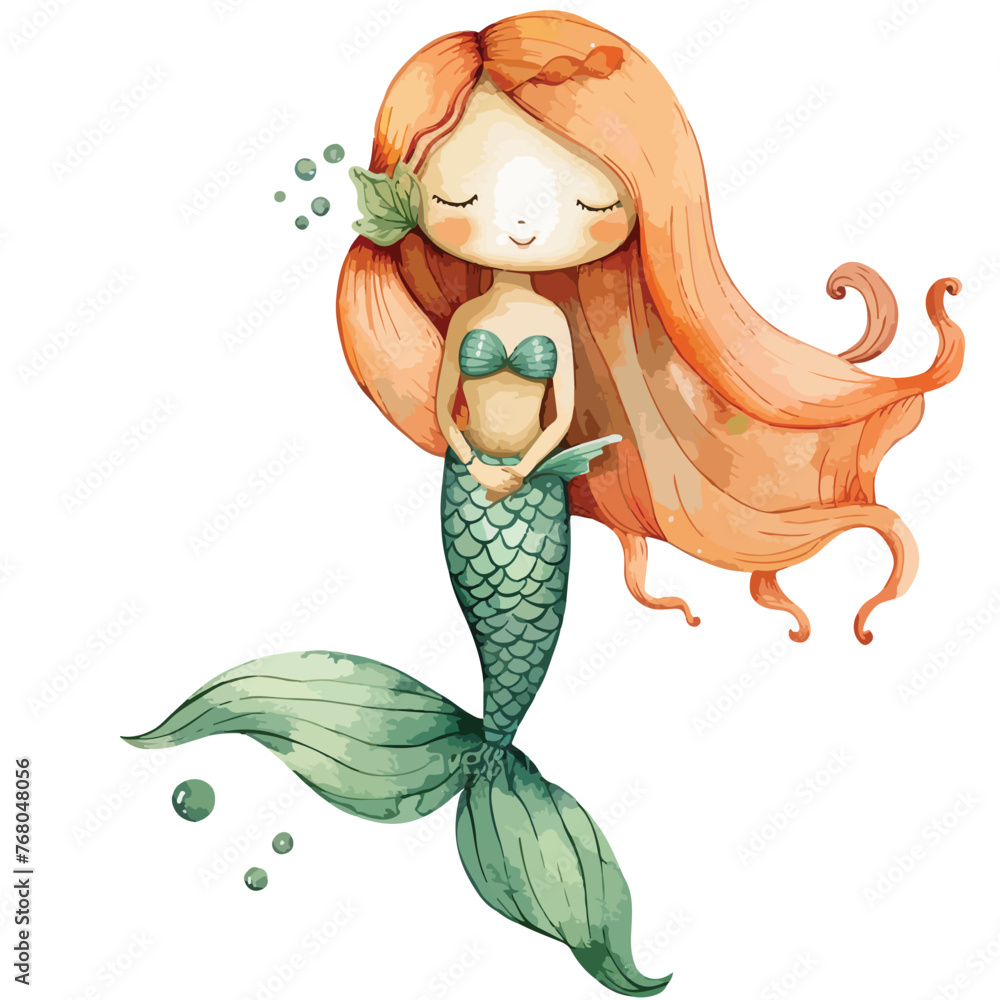 Cute whimsical watercolor mermaid clipart isolated on white background ...