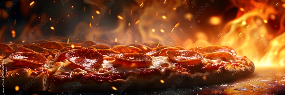 Sizzling hot pepperoni pizza with fire - A mouthwatering scene of a ...