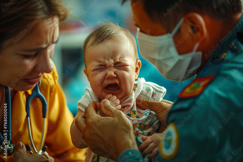 Pediatrician holding a crying baby during a check-up, caring and ...