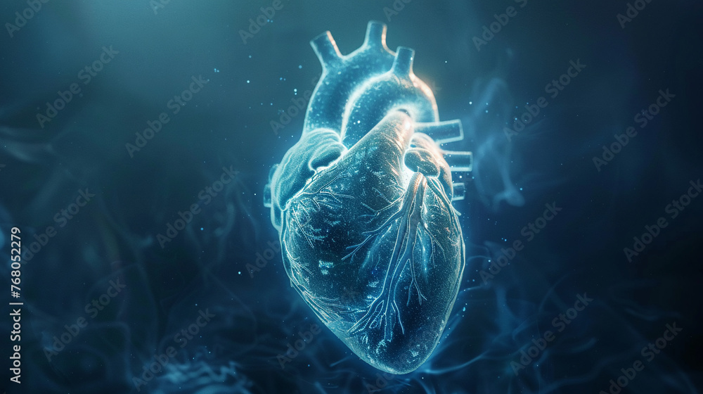 Virtual heart with luminous oxygen pathway, serene blue tones, eye ...