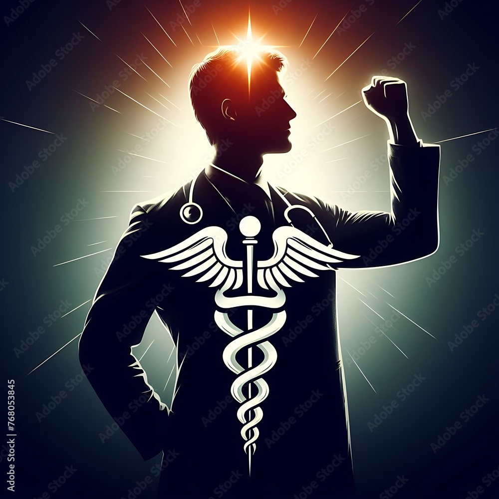 A doctor's silhouette wearing a stethoscope with a stylized caduceus ...