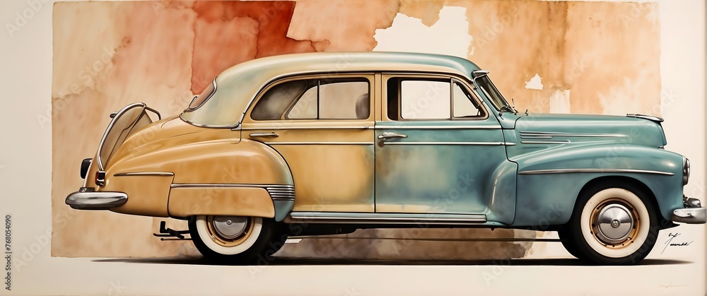 Two-Tone Classic, Vintage Car with Chrome Accents A painting of a ...