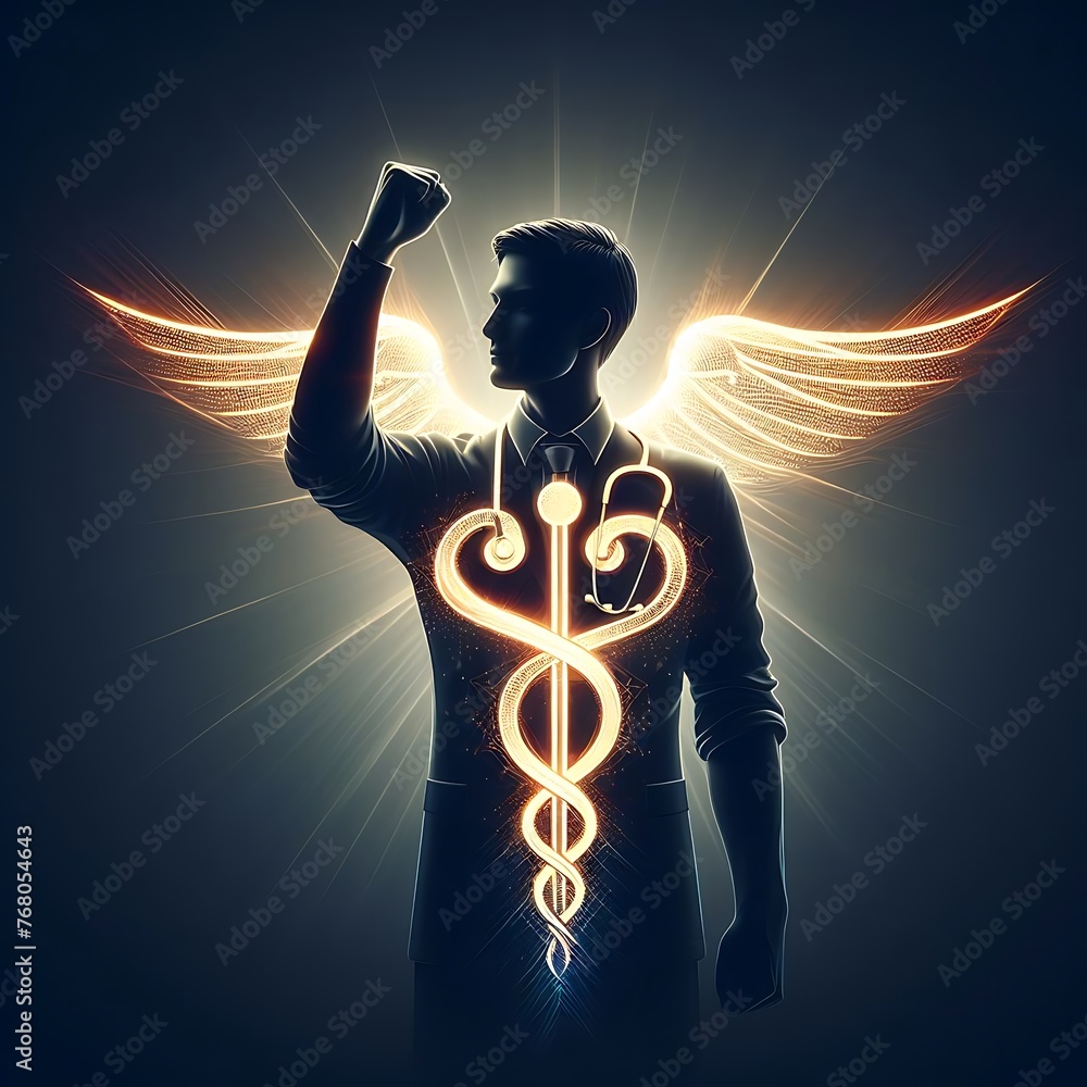 A doctor's silhouette wearing a stethoscope with a stylized caduceus ...