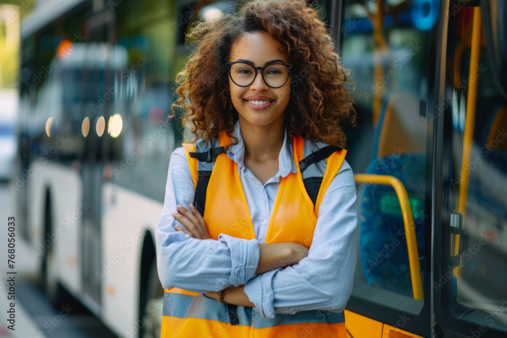 a joyful female bus driver with curly hair, wearing glasses, a high ...
