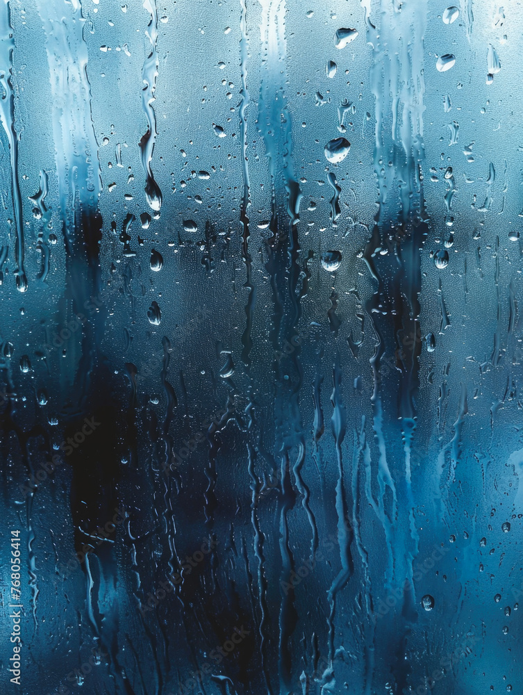 heavy raindrops streaming down a blue glass surface, creating an ...
