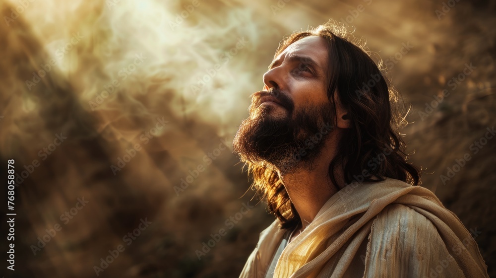 Jesus Christ in a humble pose, light emanating from the cross he bears ...