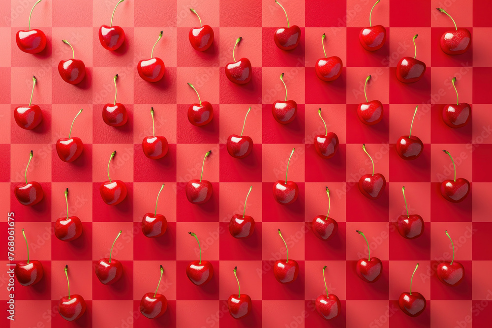 Fresh red cherries on a checkered background, 3D ing, realistic ...