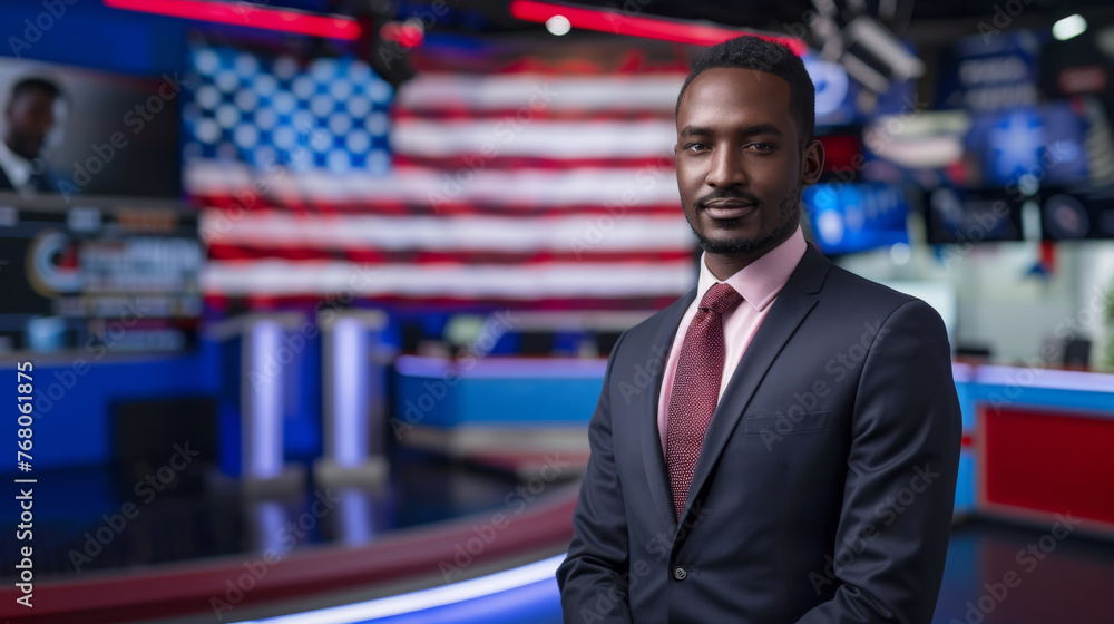 Foto de Confident News Anchor in Broadcast Studio, A confident male ...