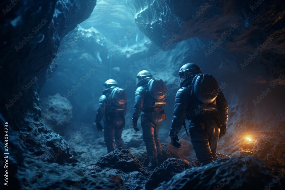 Group of astronauts exploring an underground cave system with ...