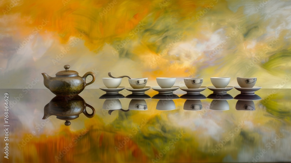 An artistic still life captures a traditional teapot with a creamer and ...