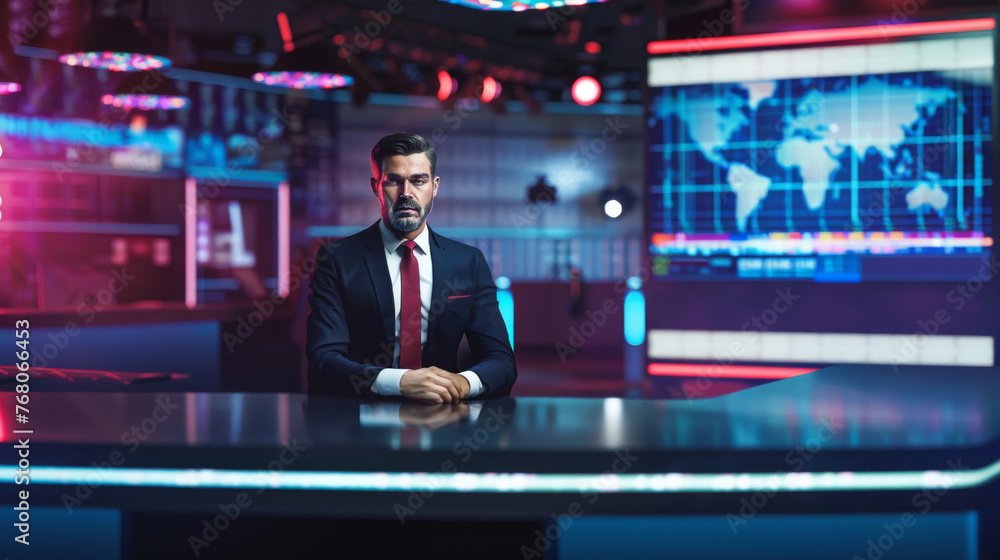 Confident News Anchor Preparing for Broadcast, A professional male news ...