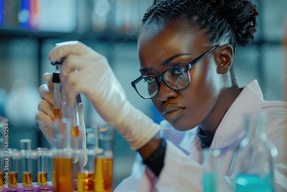 Portrait of busy concentrated african middle aged female scientist in ...