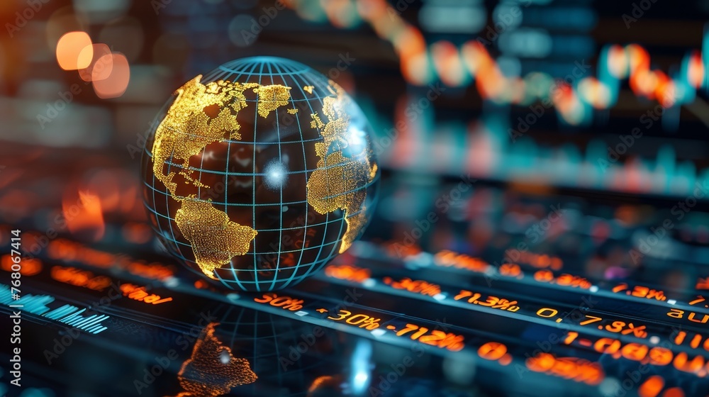 A digital globe with a glowing representation of continents overlays a ...