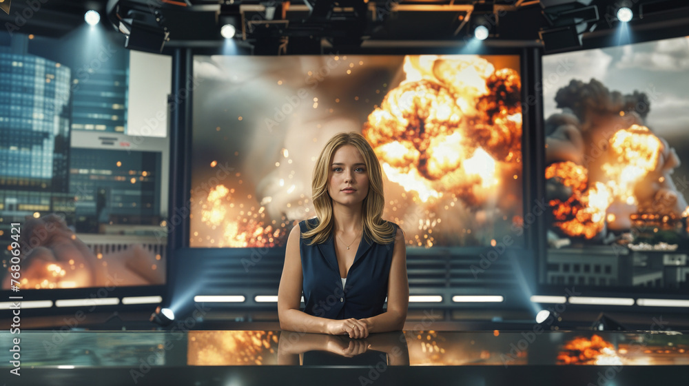 News Anchor Reporting on Industrial Catastrophe, A composed news anchor ...