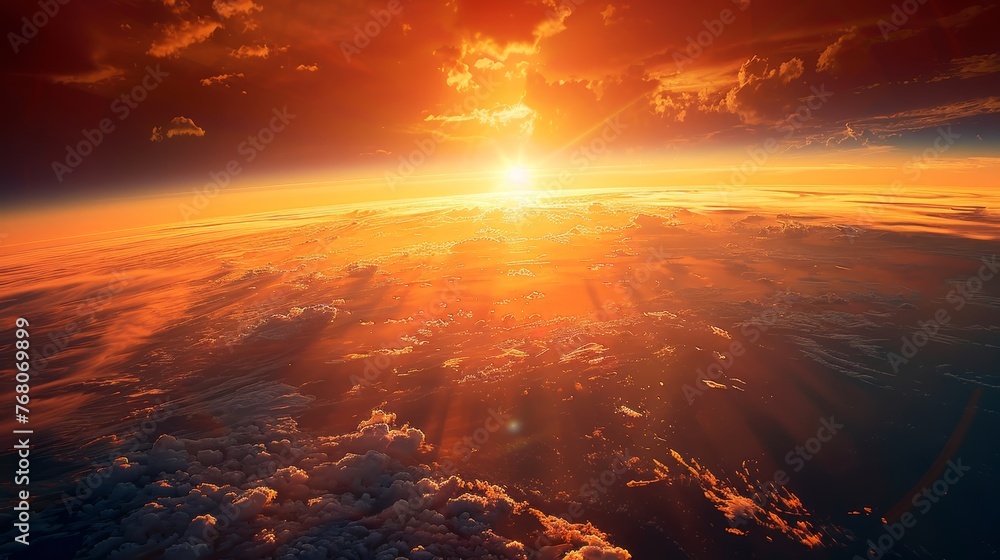 A breathtaking view of the sun rising above the Earth, casting vibrant ...