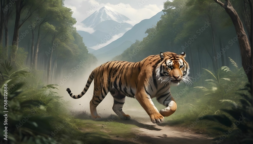 International tiger day with a tiger in forest running for his prey ...