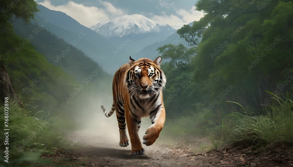 International tiger day with a tiger in forest running for his prey ...