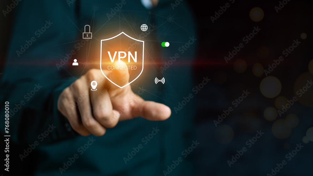 VPN Virtual Private network protocol concept, Man hand typing on ...