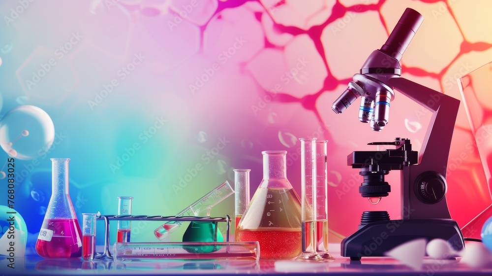 Colorful laboratory scene with beakers and microscope, evoking the ...