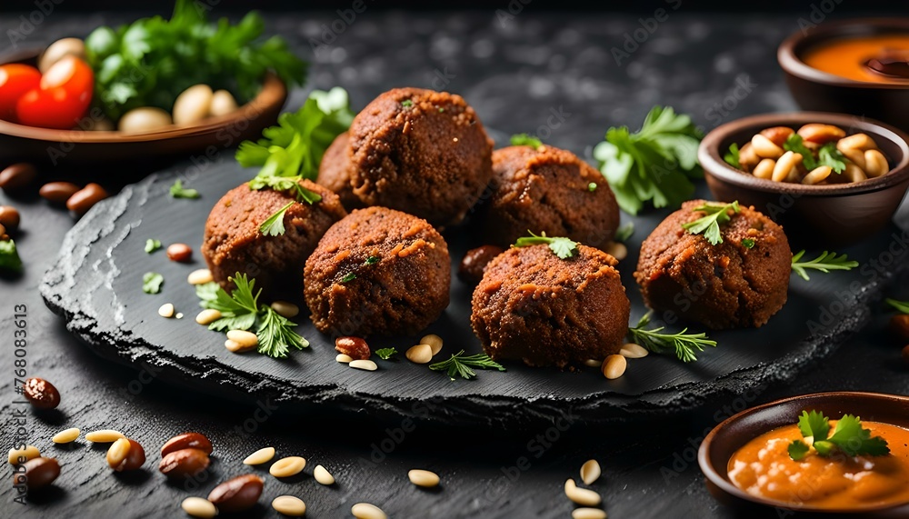 Delicious Lebanese (Arabic) food, kibbeh (kibe) on black slate stone ...
